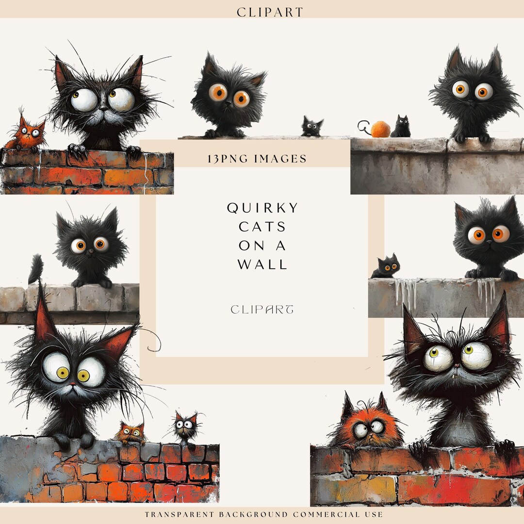 Quirky Cats Clipart, Cats on a Wall, Funny Cats Clipart, Whimsy Pets ...