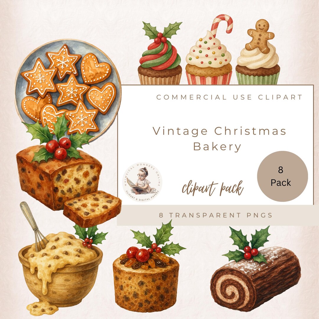 Vintage Christmas Kitchen Clipart Bundle, Watercolor Holiday Baking PNG ...
