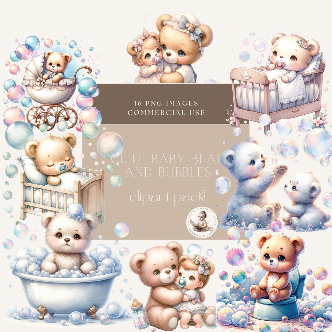 Cute Bear Clipart Bundle, Baby Bear PNG, Bear & Bubbles, Jungle Animals ...