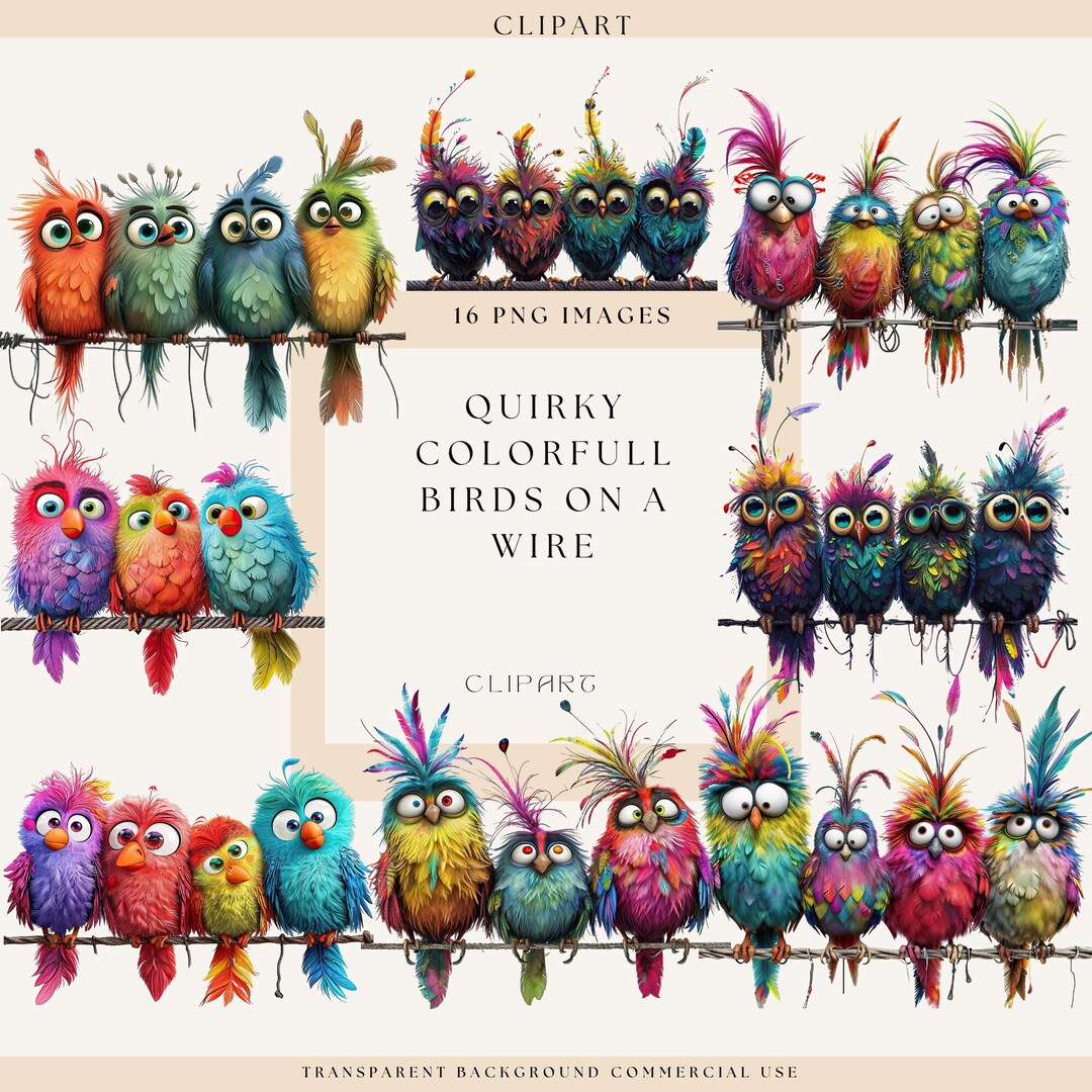 Quirky Bird Clip Art, Birds on A Wire, Funny Birds, Pets Clipart ...