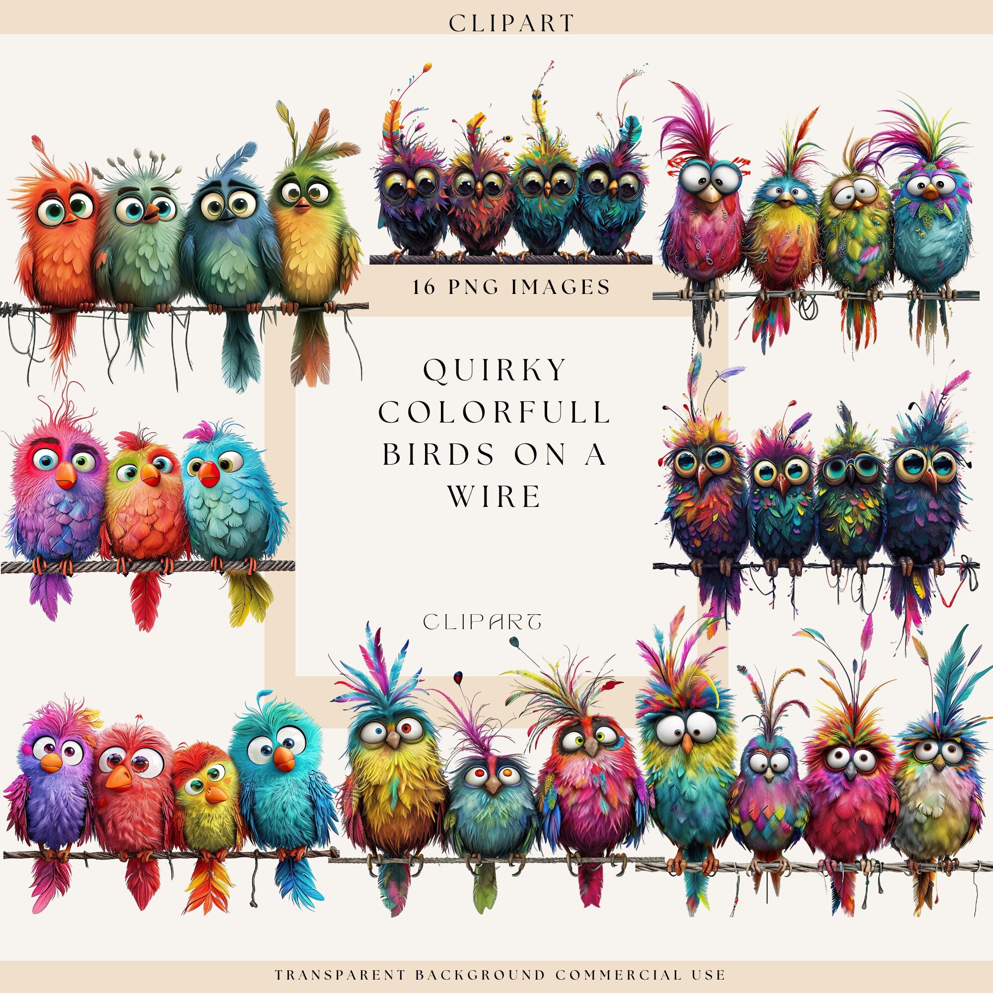 Quirky Bird Clip Art, Birds on A Wire, Funny Birds, Pets Clipart ...