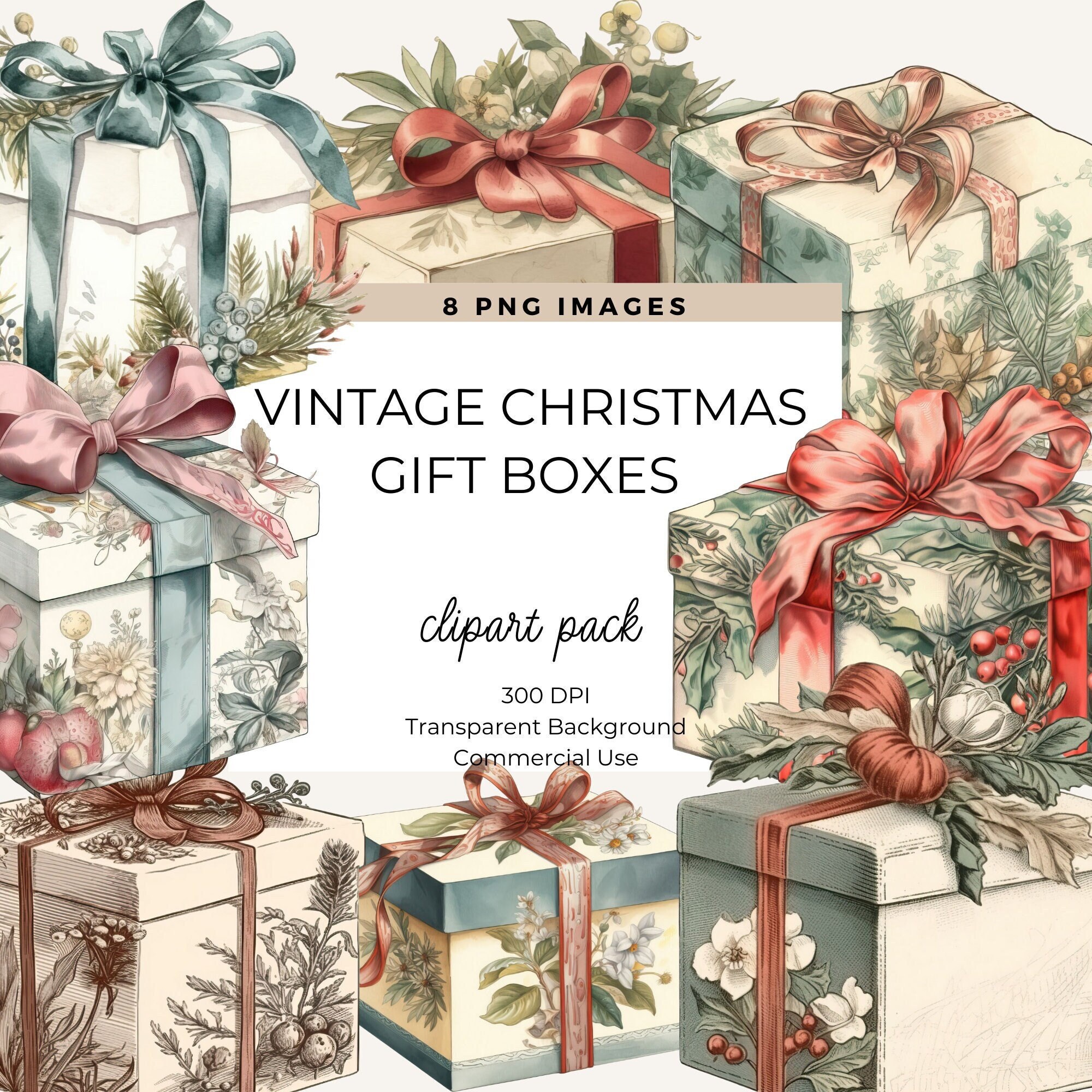 Gift Box Clipart, Gift Boxes Clip Art, Vintage Christmas Clipart, Paper ...
