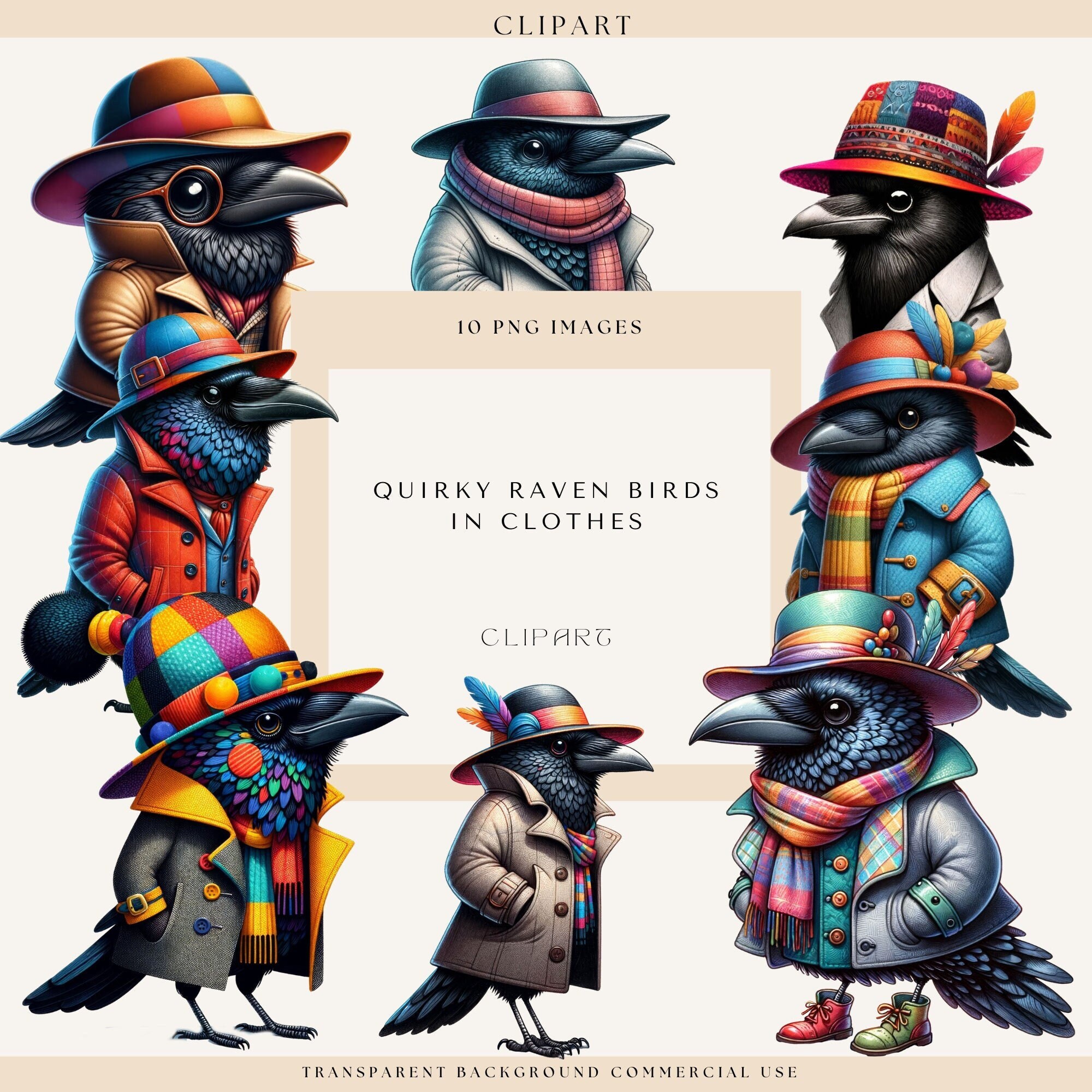 Quirky Raven Bird Clip Art, Raven Birds Dressed in Clothes, Funny Birds ...