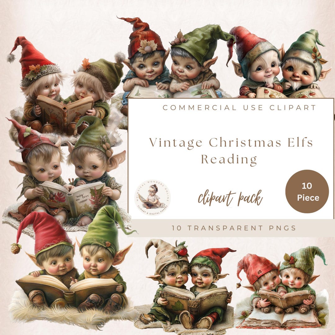 Vintage Christmas Elfs Clipart, Christmas Elves Reading Clipart, Xmas ...
