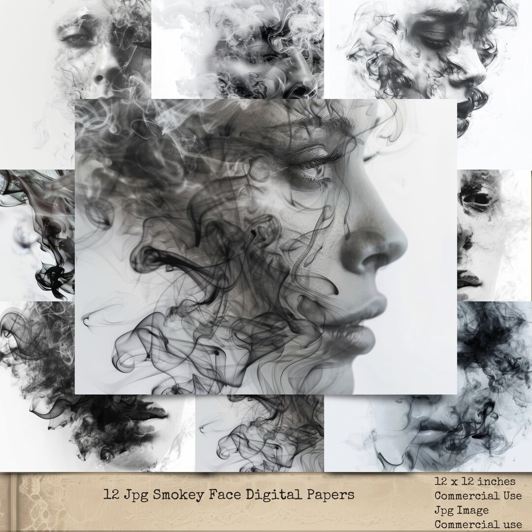 Printable Papers, Black and White Smoked Face Digital Papers, Smoked ...