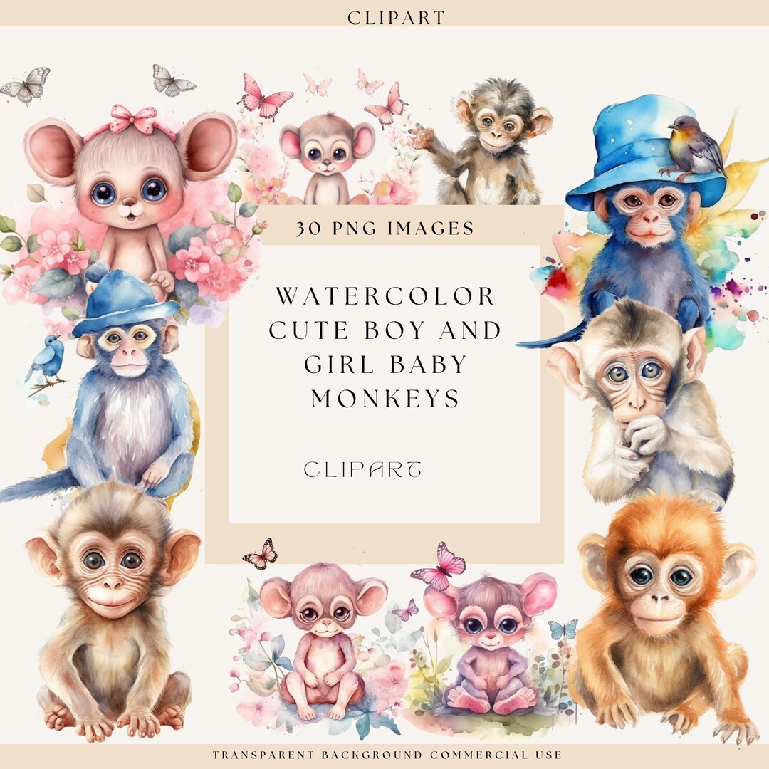 Cute Watercolor Baby Monkey Clipart Set, Monkey PNG, Baby Shower ...