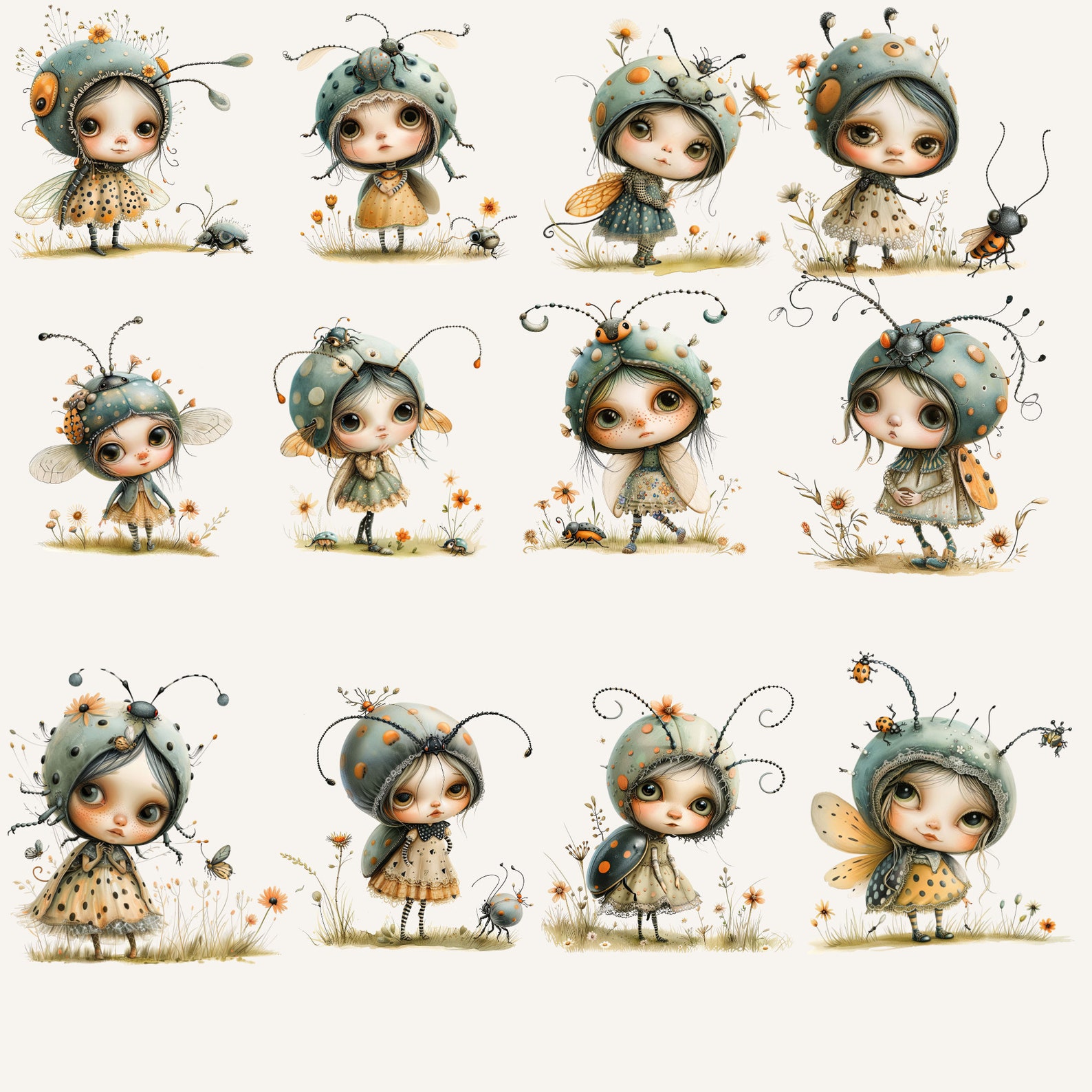 Whimsy Garden Bug Girls, Garden Clipart, Cute Bug Clipart, Whimsical ...