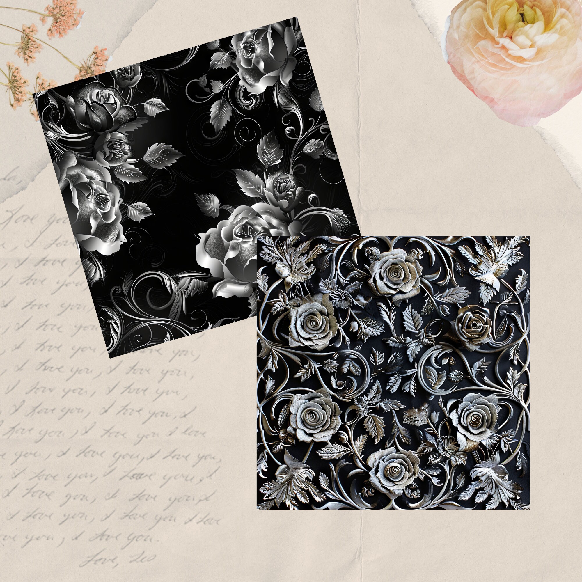 Black and Silver Roses Digital Papers, Roses Background Papers, Roses ...