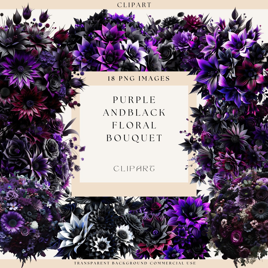 Gothic Flower Bouquet Clipart, Purple & Black Floral Wedding Bouquet ...