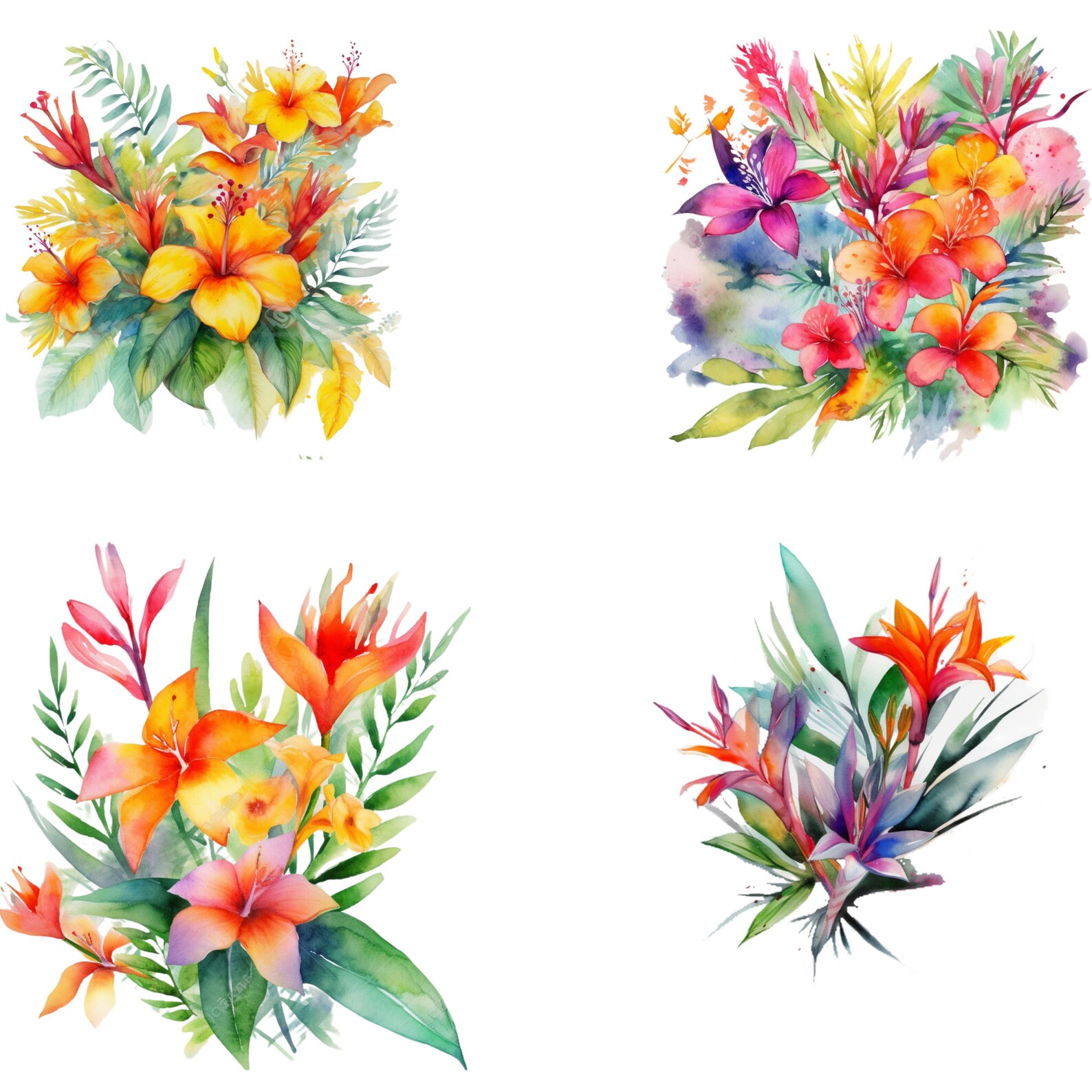 Tropical Watercolor Floral Clipart, Summer Clipart, Tropical Flowers ...
