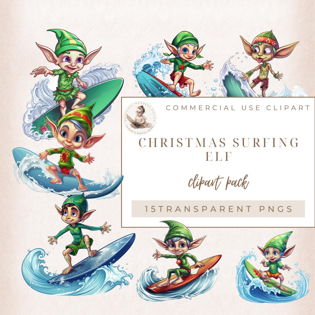 Christmas Surfing Elf's, Summer Clipart, Christmas Clipart, Commercial ...