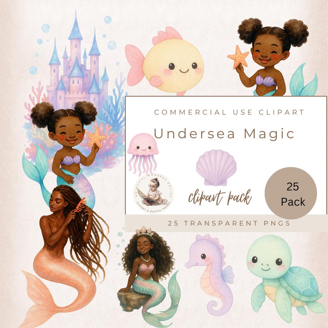 Pastel Mermaid Clipart, Dark Skinned Mermaid, Seashells, Sea Creatures ...