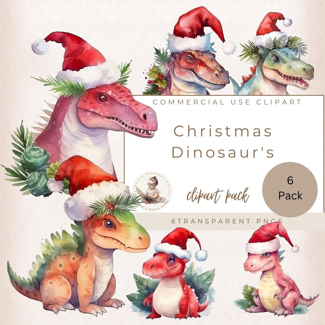 Christmas Dinasaur Clipart, Watercolor Dinosaur Clipart, Watercolor ...