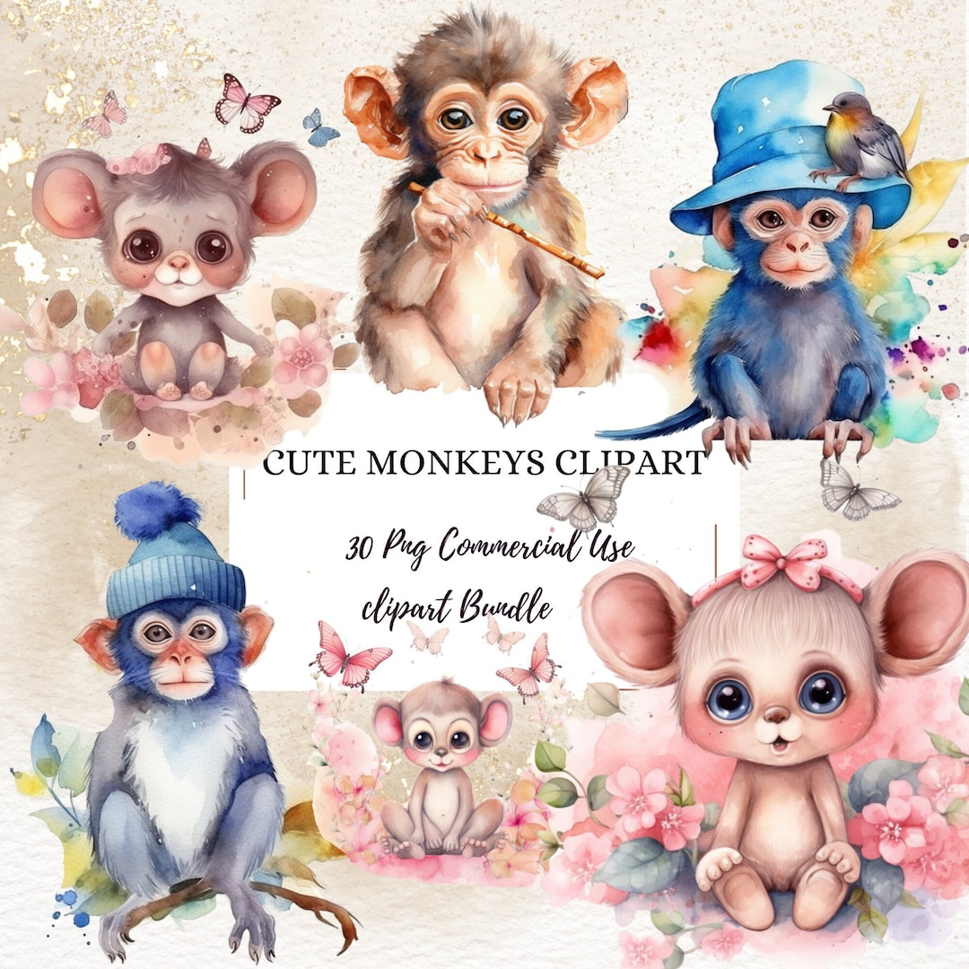 Cute Watercolor Baby Monkey Clipart Set Monkey PNG Baby - Etsy