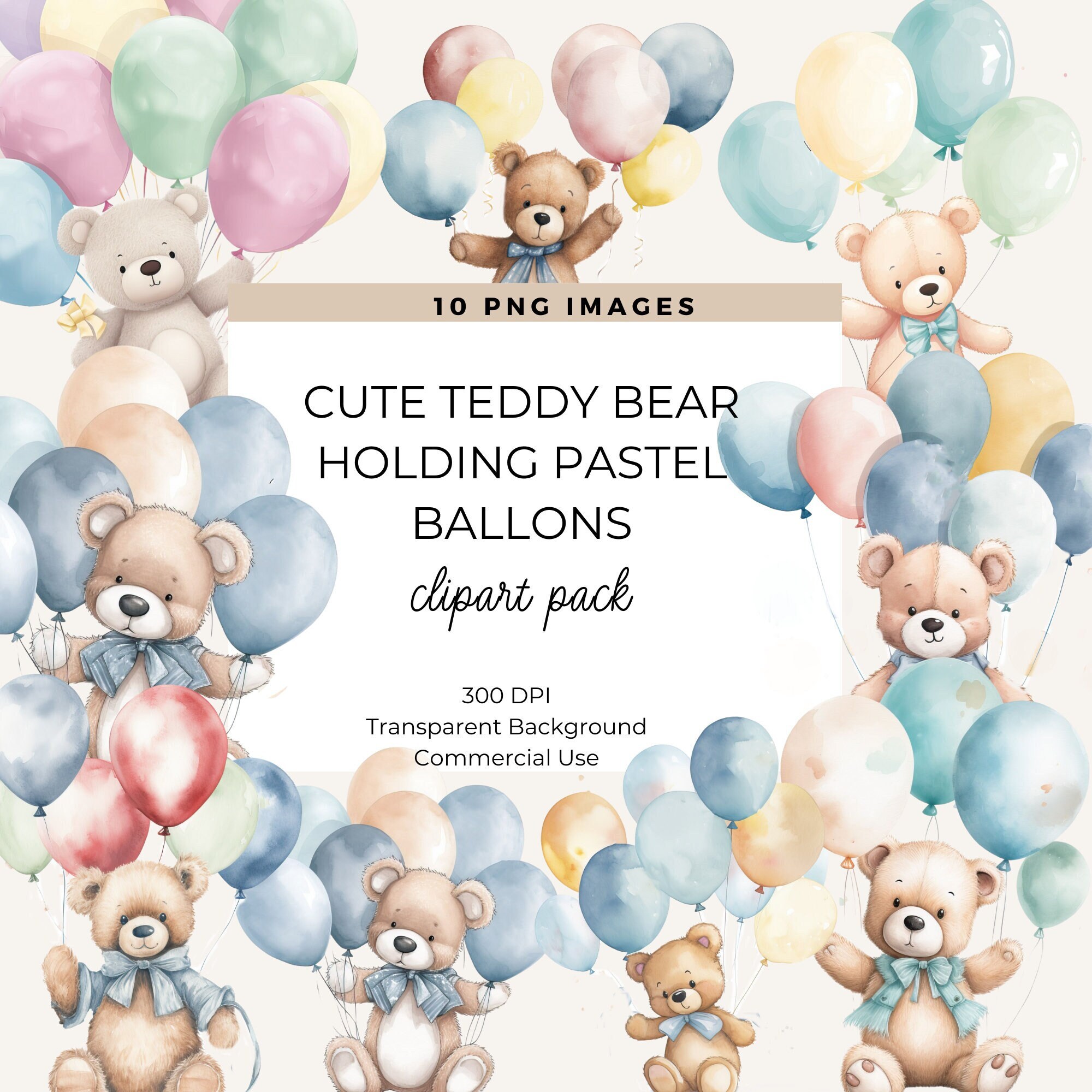 Teddy Bear Clipart, Teddy Bear Holding Pastel Balloons, Teddy Bear Art ...