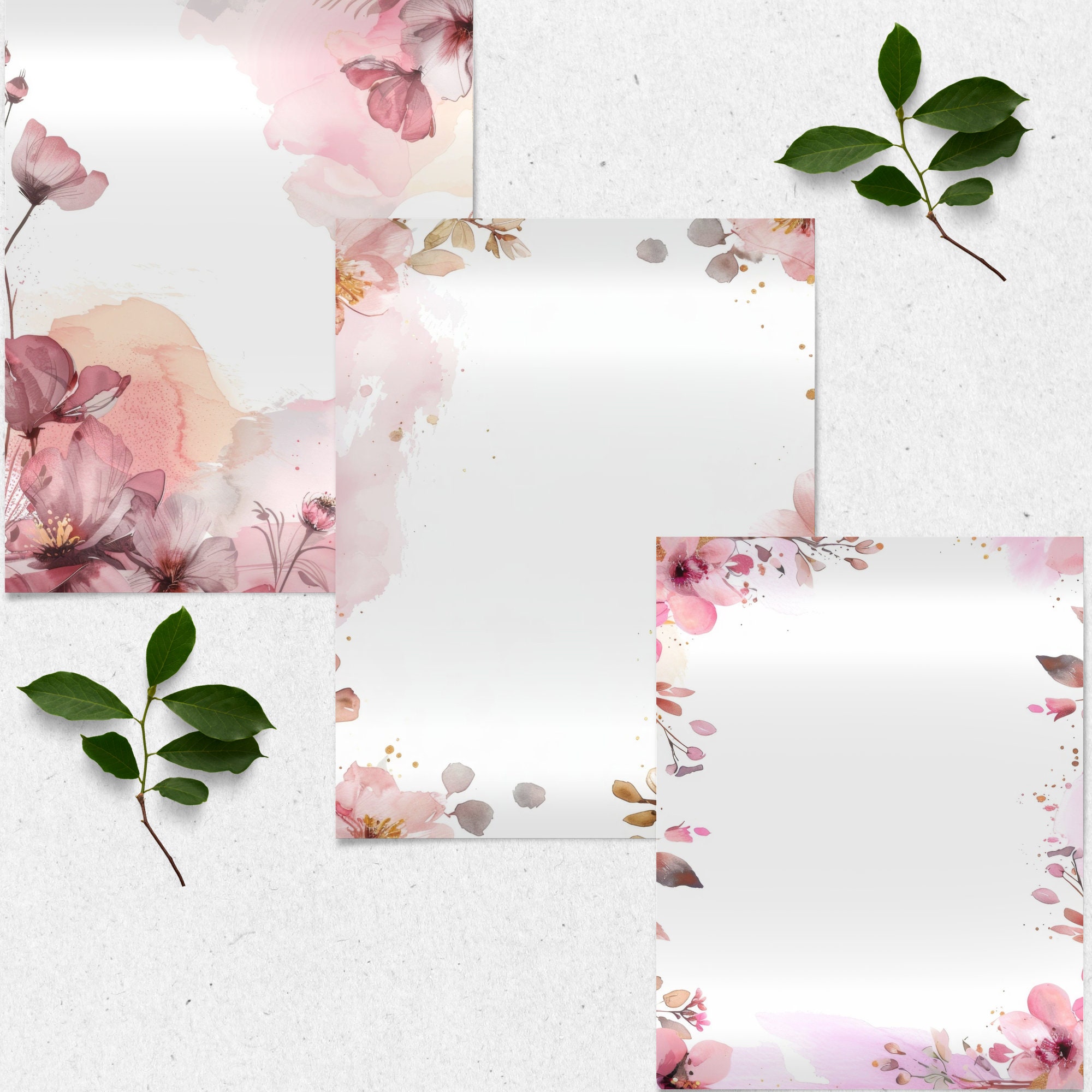 Printable Papers, Watercolor Pink Gold Floral Digital Papers ...