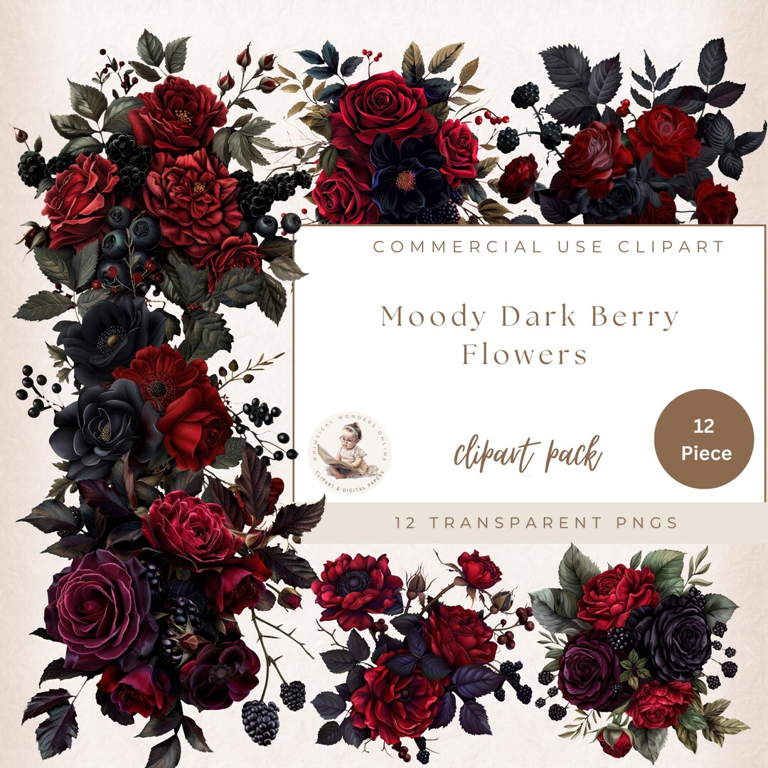 Dark Moody Flowers Clipart Bundle, Transparent Pngs, Roses Wedding ...