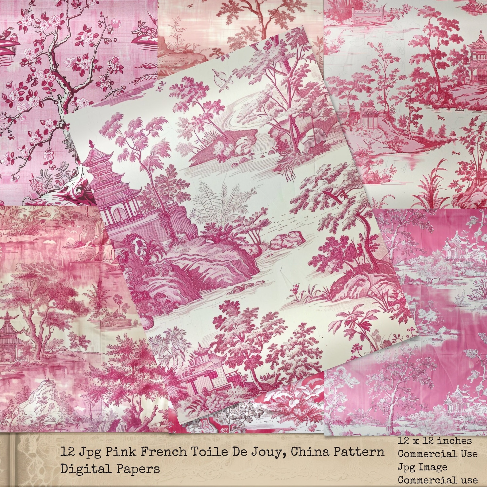 Pink Chinoiserie, Chinoiserie Paper, Asian Digital Paper, French Toile ...