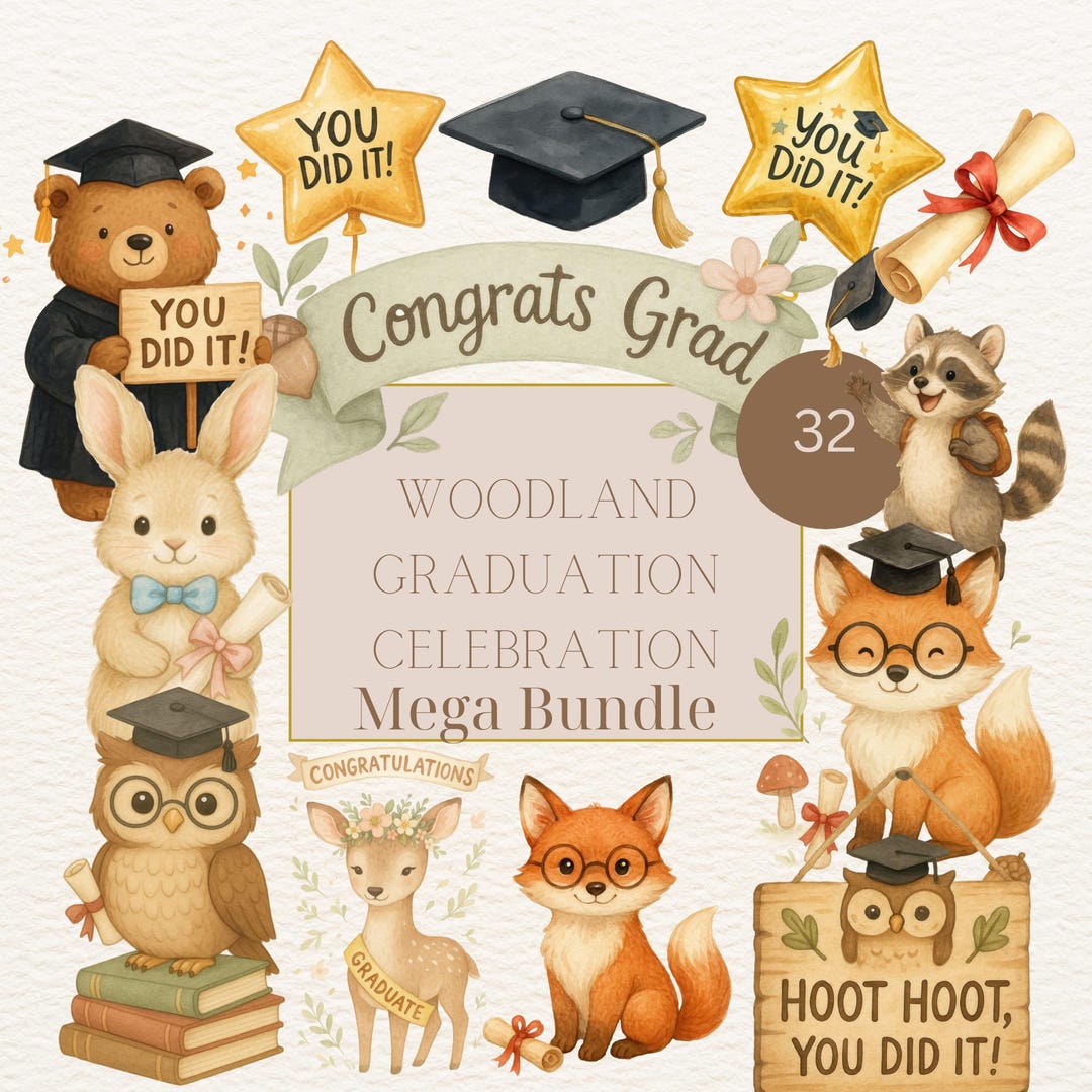 Woodland Graduation Clipart Bundle, Cute Forest Animal Pngs, Fox, Owl ...