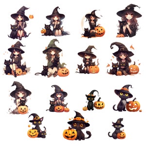 Witches and Black Cats Clipart, Watercolor Clipart, Witch Clipart ...