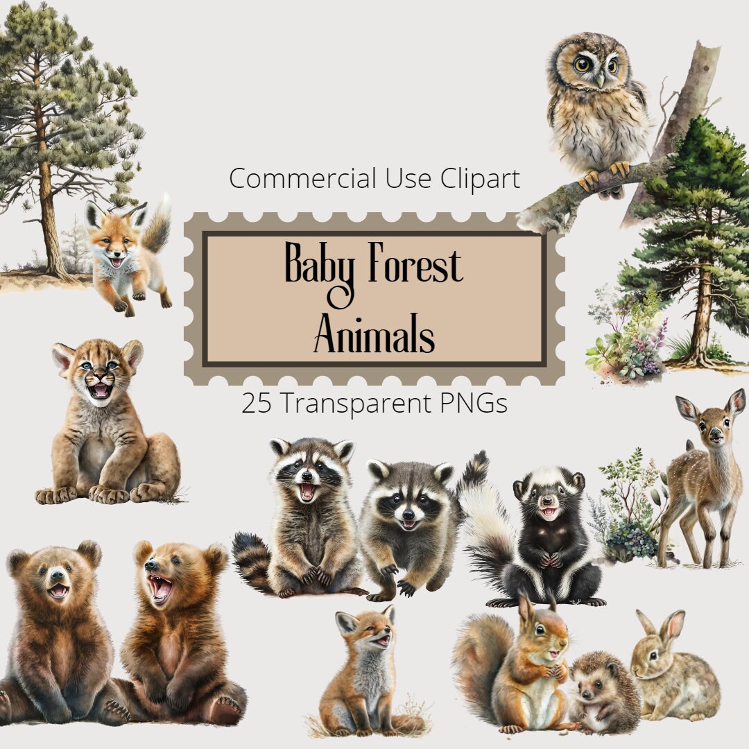 Baby Forest Animals Clipart Watercolor, Woodland Animal Clipart for ...