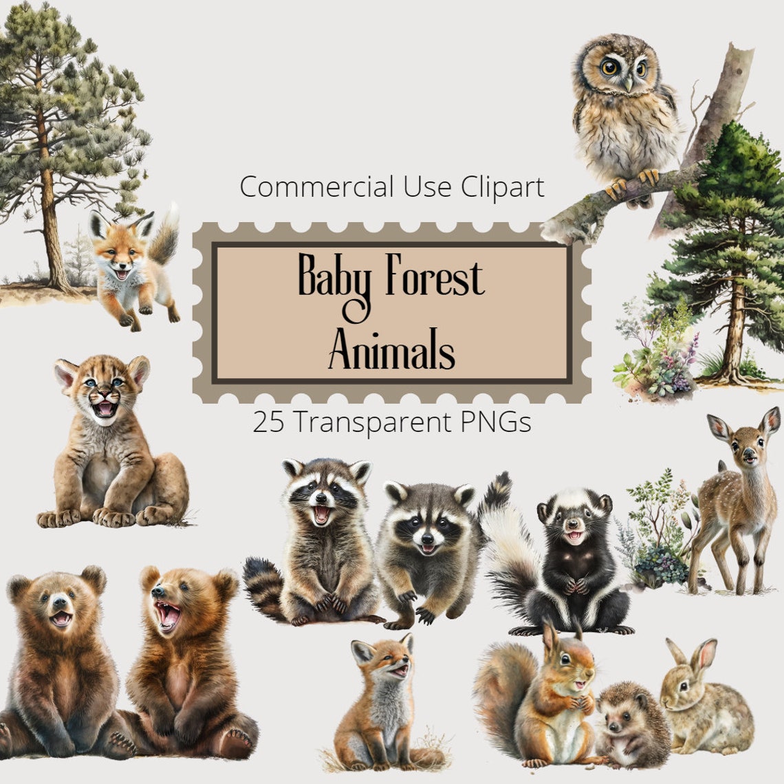 Baby Forest Animals Clipart Watercolor, Woodland Animal Clipart for ...