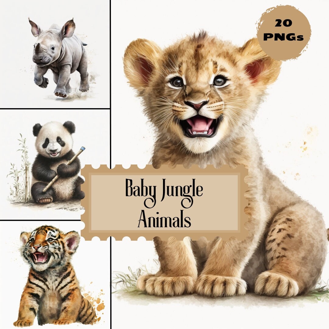 Baby Jungle Animal Realistic Clipart - Commercial Use Watercolour ...