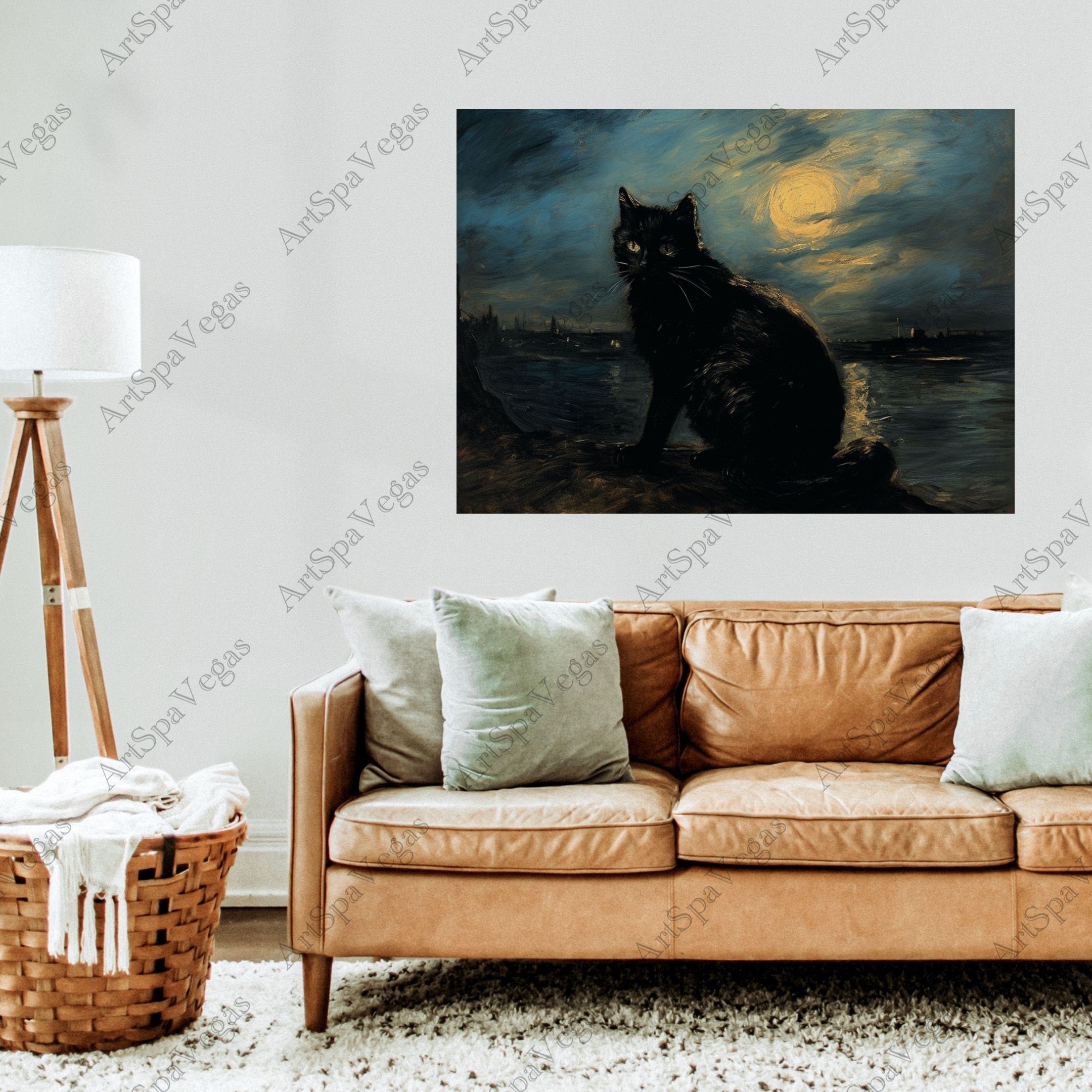Moonlit Whiskers Black Cat Painting, Halloween Gallery Wrap Canvas Art ...