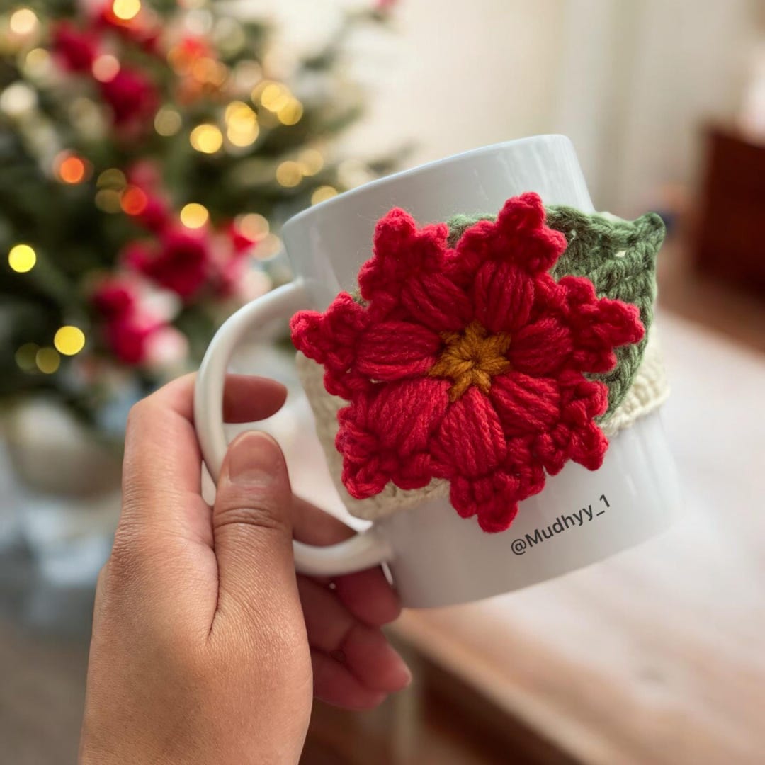 Crochet Snowflake Flower Mug Cozy Pattern: Poinsettia Cup Sleeve (PDF ...