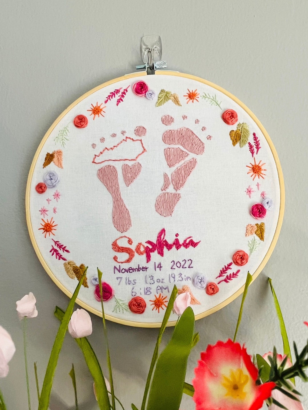 Baby States Footsteps/hand Embroidered Name Hoop Custom by Order/custom ...