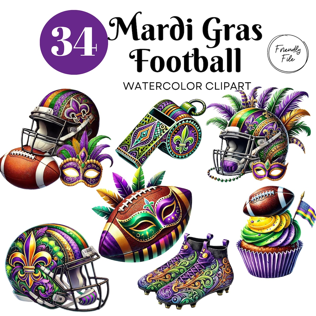 Mardi Gras Football Clipart Bundle: American Football Watercolor PNG ...