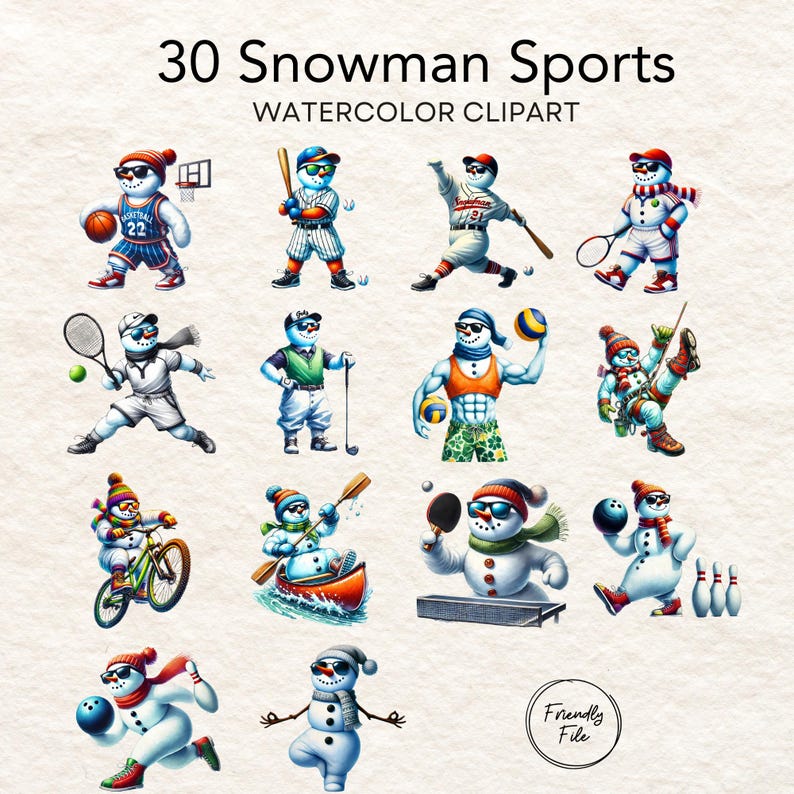 Snowman Sports Watercolor Clipart: Winter Sports Digital Art Bundle - Etsy