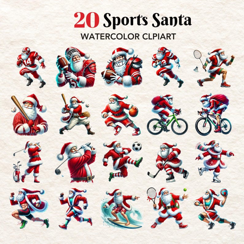 Sports Santa, Watercolor Santa Playing Sport, Santa as Dressed Sports ...