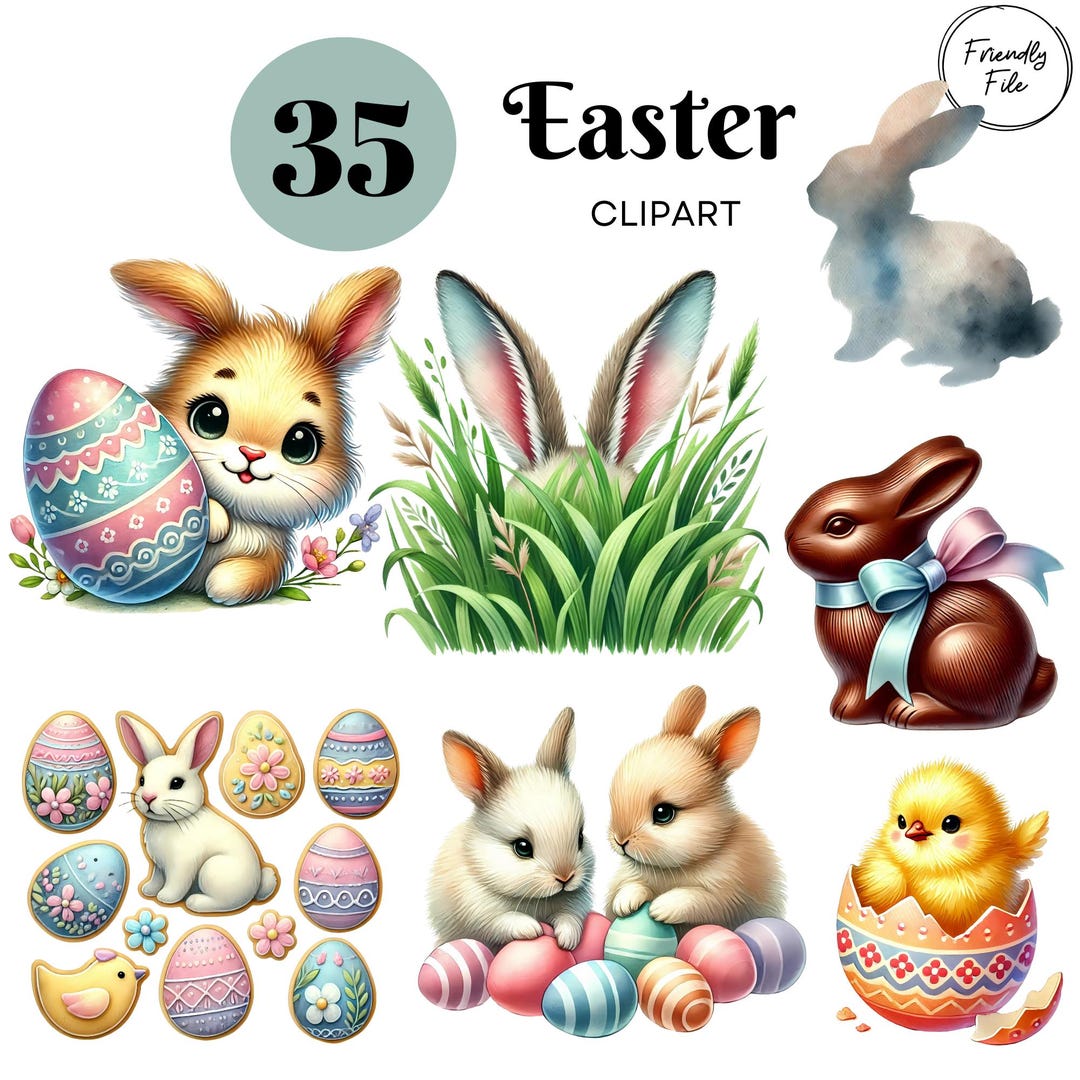 Easter Day Clipart, Cute Bunnies, Eggs and Chicks, Floral Bunny, Happy ...