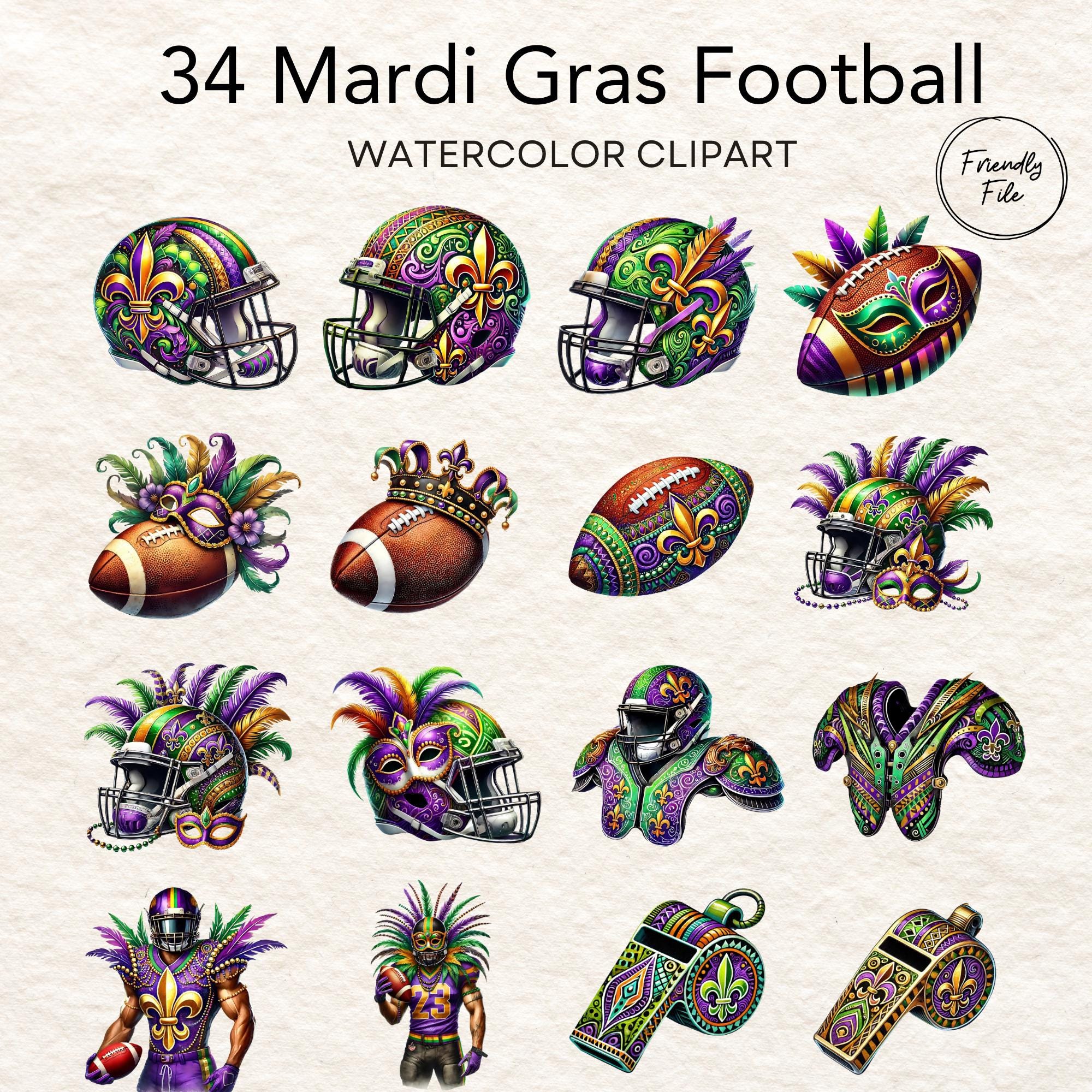 Mardi Gras Football Clipart Bundle: American Football Watercolor PNG ...