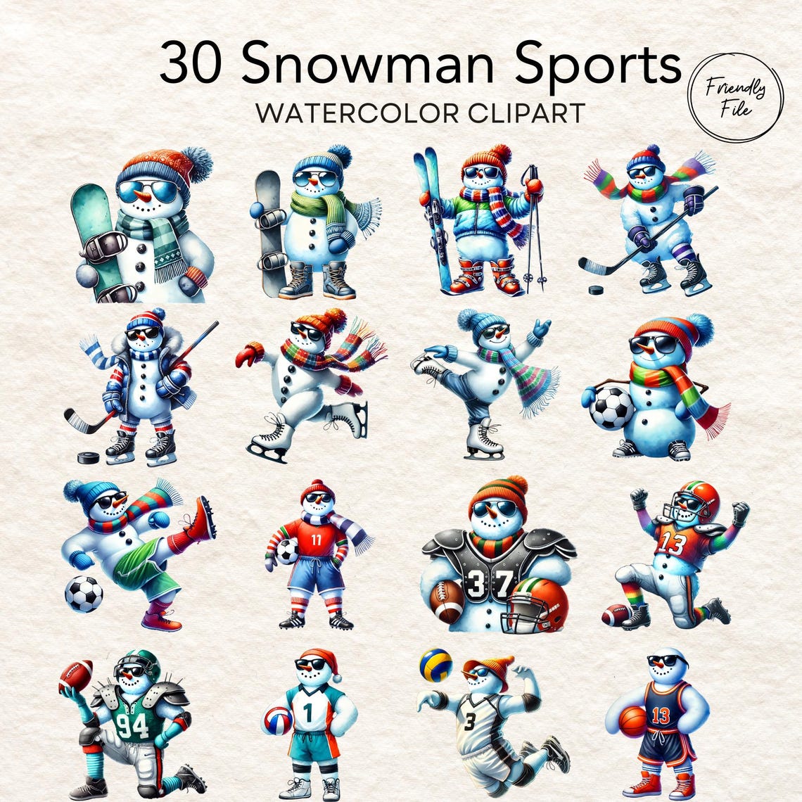Snowman Sports Watercolor Clipart: Winter Sports Digital Art Bundle - Etsy