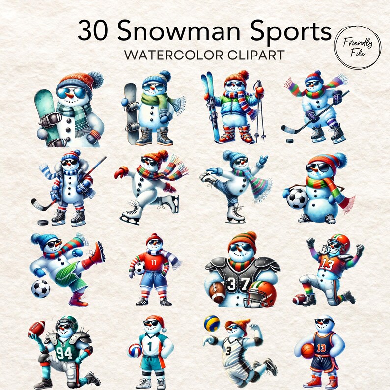 Snowman Sports Watercolor Clipart: Winter Sports Digital Art Bundle - Etsy
