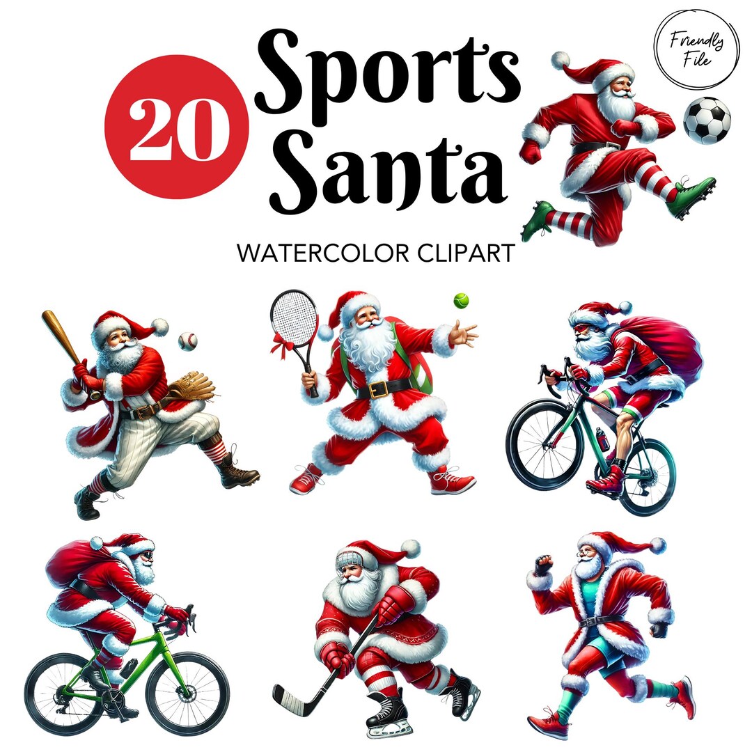 Sports Santa, Watercolor Santa Playing Sport, Santa as Dressed Sports ...