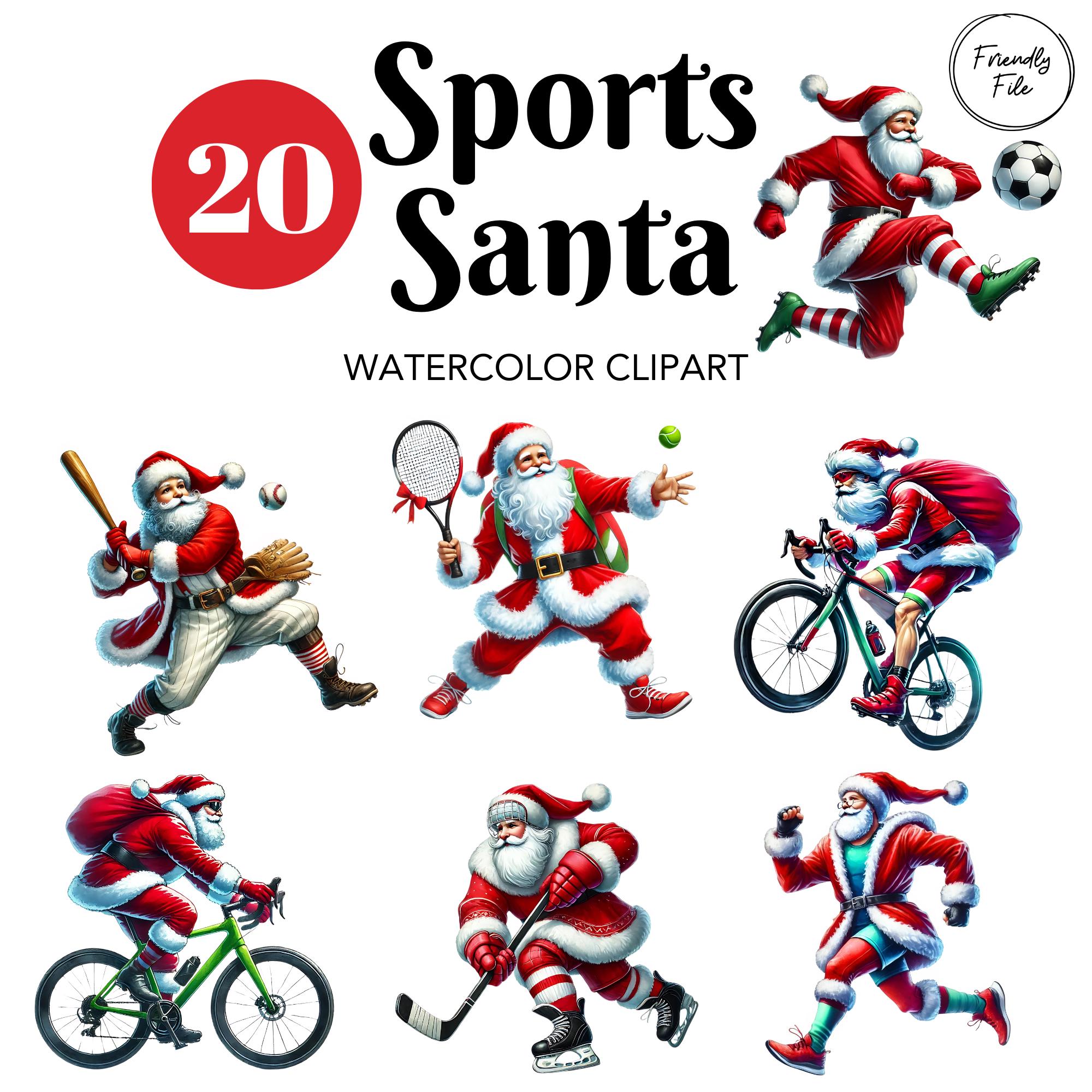 Sports Santa, Watercolor Santa Playing Sport, Santa as Dressed Sports ...