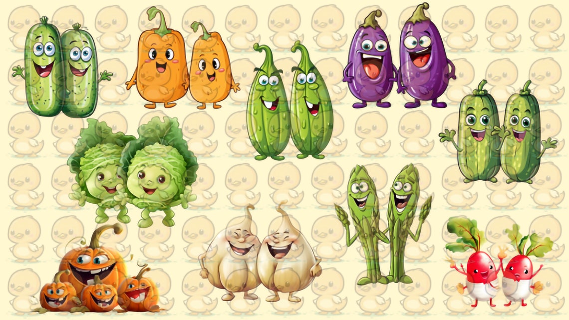 36 Cute Cartoon Pair of Vegetables Cheery, Colorful, Verggies, Cute PNG ...