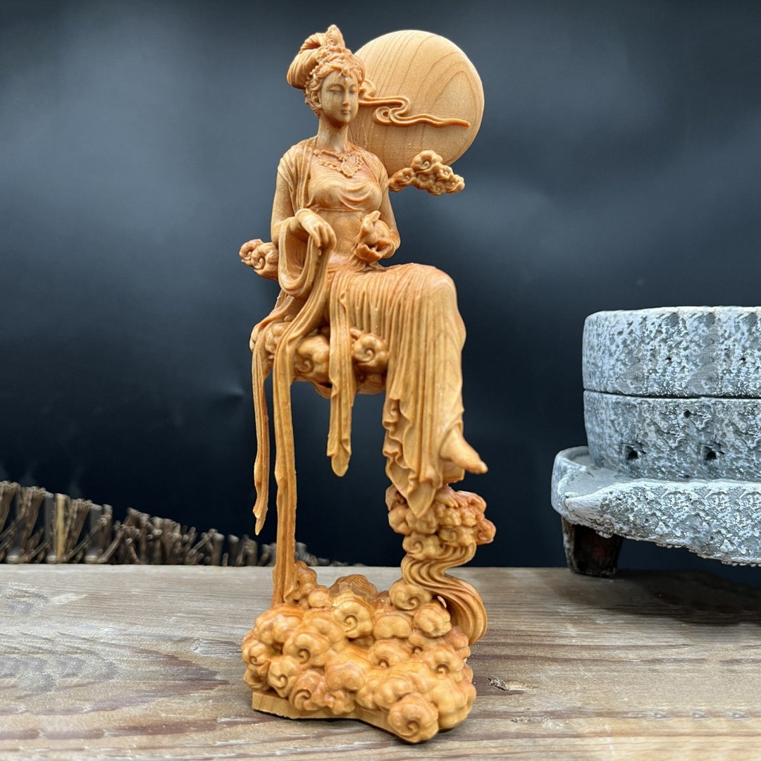 Hand-carved Chinese Mythology Goddess of Moon Sculpture Wood Carving ...