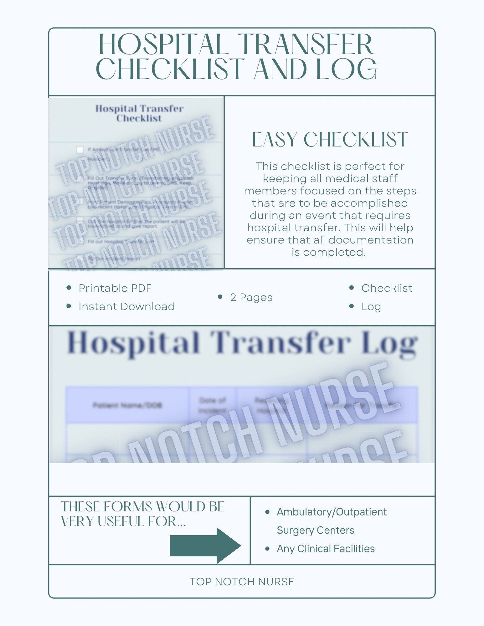 Hospital Transfer Checklist and Log | Digital Download | 2 Pages ...