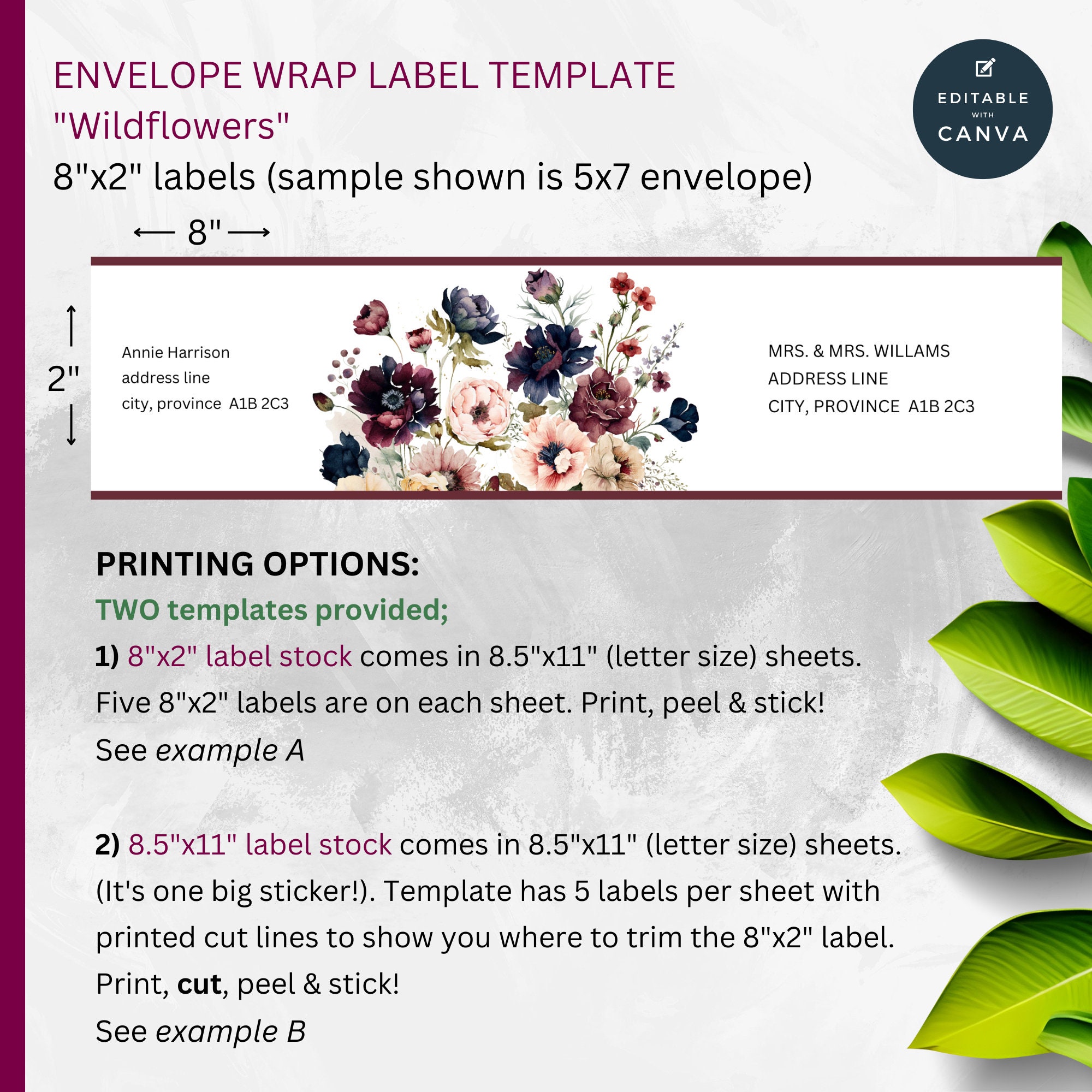 Wedding Envelope Wrap Label Template. Wildflowers Design - Etsy