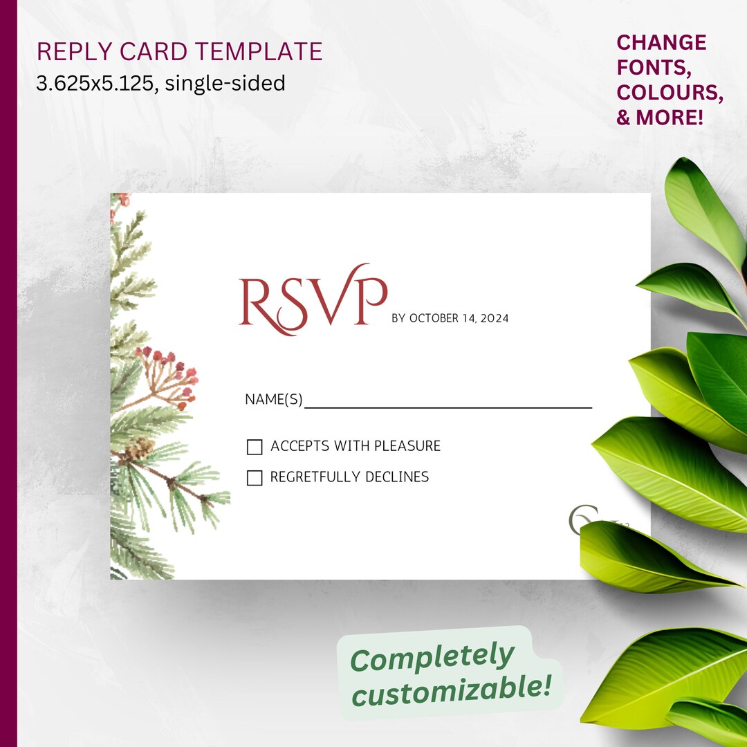 Winter Wedding Reply Card Template With Festive Sprigs of Evergreen and ...