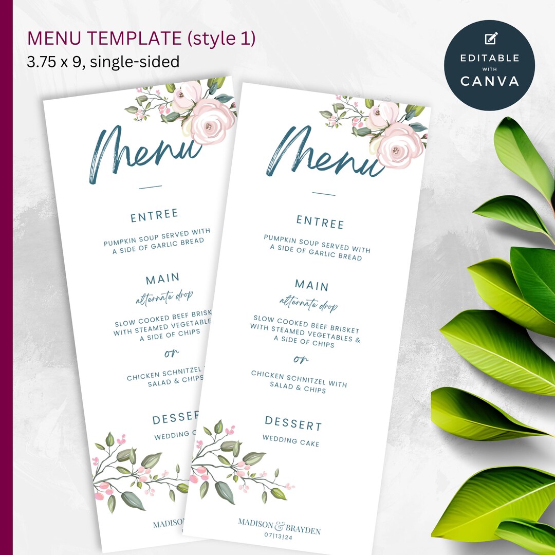 Pink Rose Menu Template Featuring Painted Roses and Rosebuds - Etsy