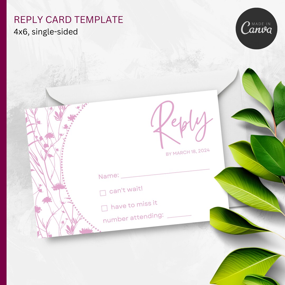Pink Reply Card Template, Circle and Illustrated Flowers, Single-sided ...
