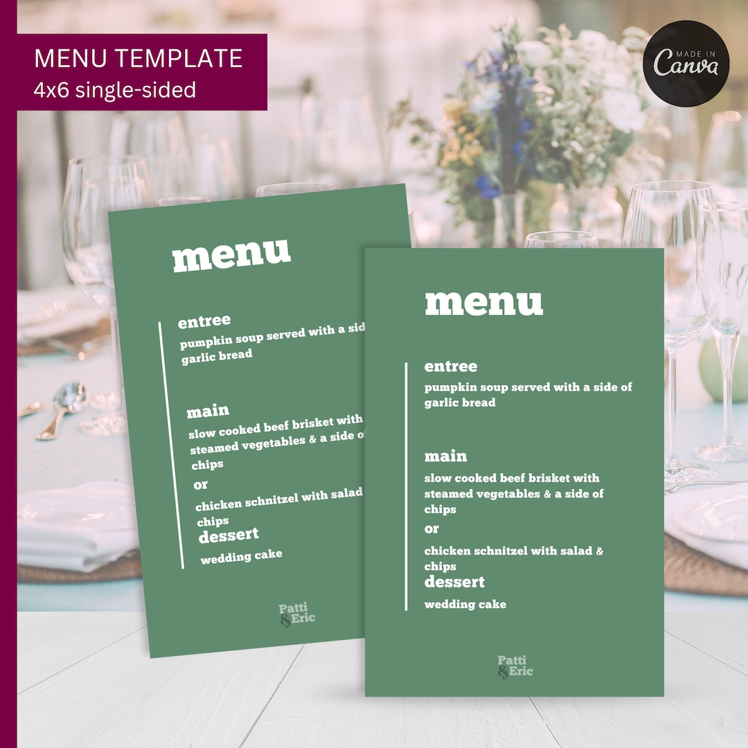 Solid Green Menu Card Template. Bold Minimal Design. Table - Etsy