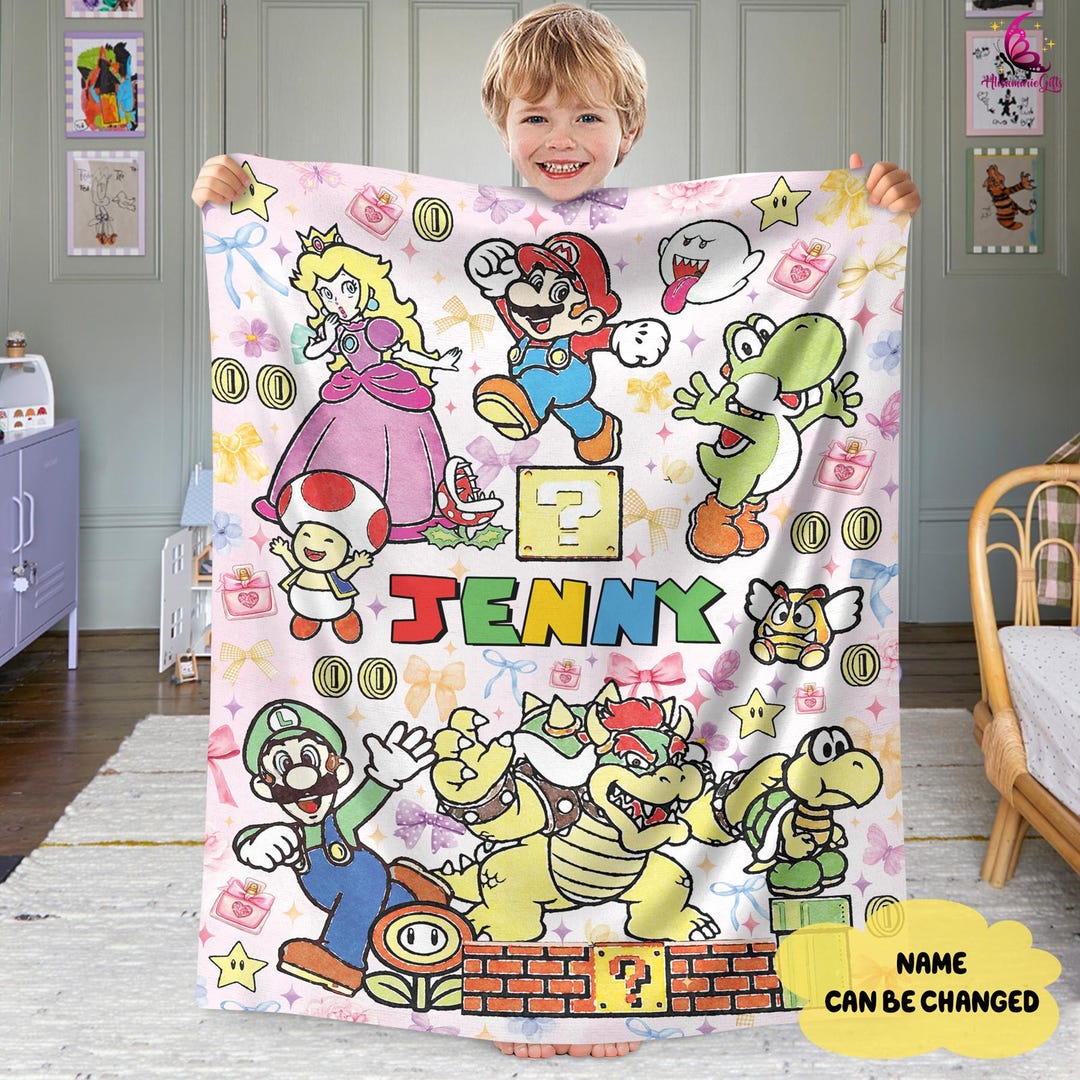 Personalized Coquette Bows Super Mario Blanket, Watercolor Blanket ...