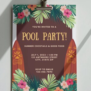 Tiki Pool Party Birthday Pool Invitation Templates 5x7 - Etsy