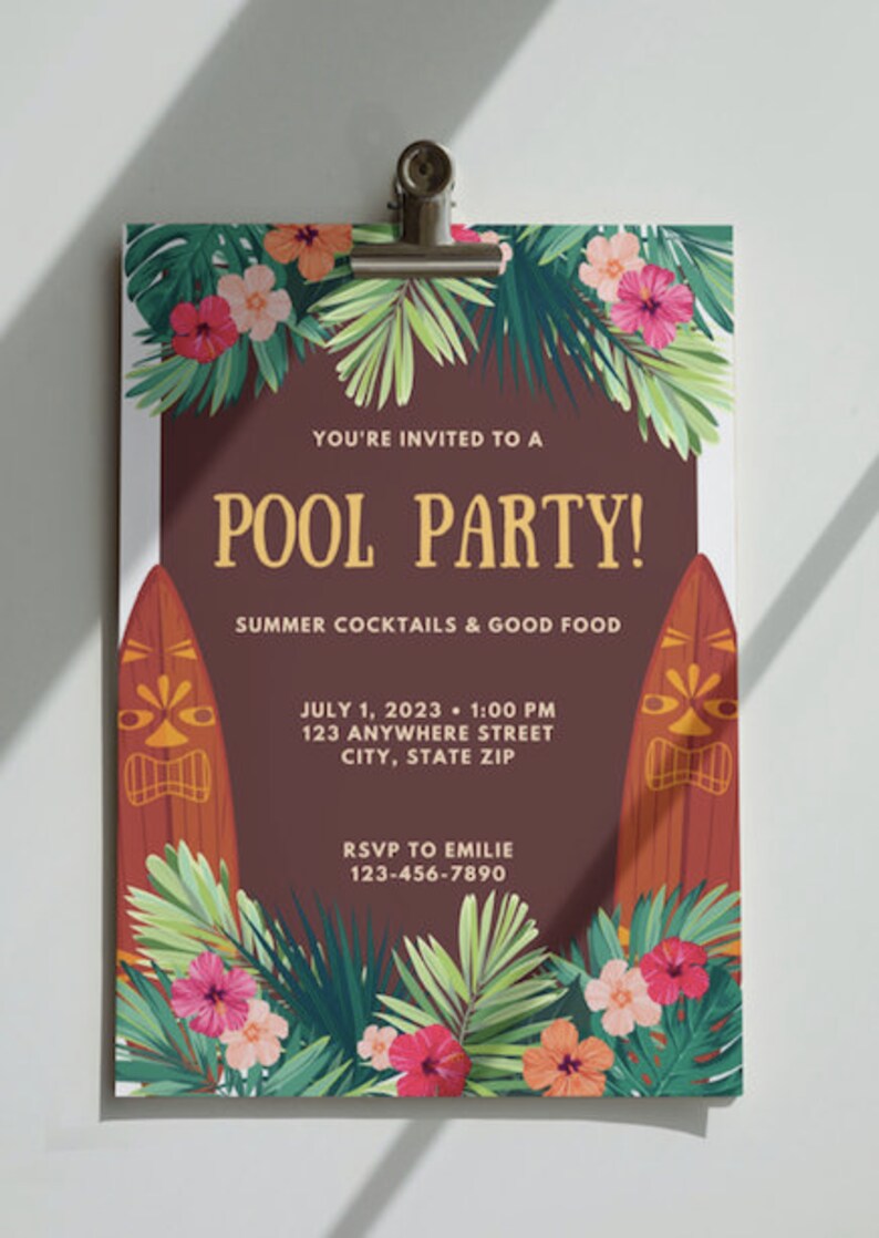 Tiki Pool Party Birthday Pool Invitation Templates 5x7 - Etsy